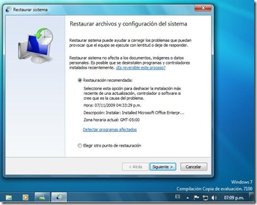 Restaurando el Sistema en Windows 7